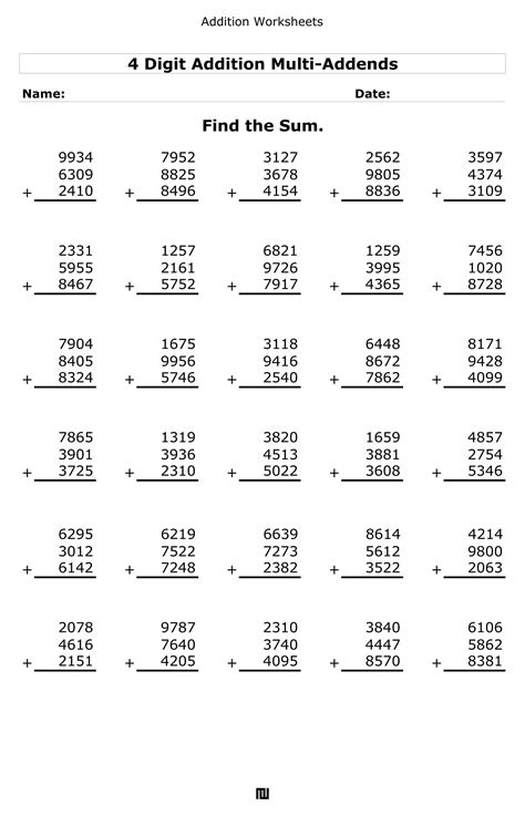 4 Digit Addition Multi Addends Multi Addends 4 Digit Numbers Adding