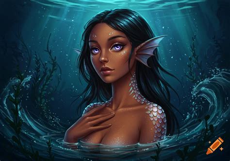 A Beautiful Dark Skinned Mermaid With Purple Eyes And Fin Ears Rises