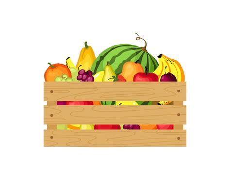 Caja de madera con frutas frescas ilustración vectorial Vector Premium