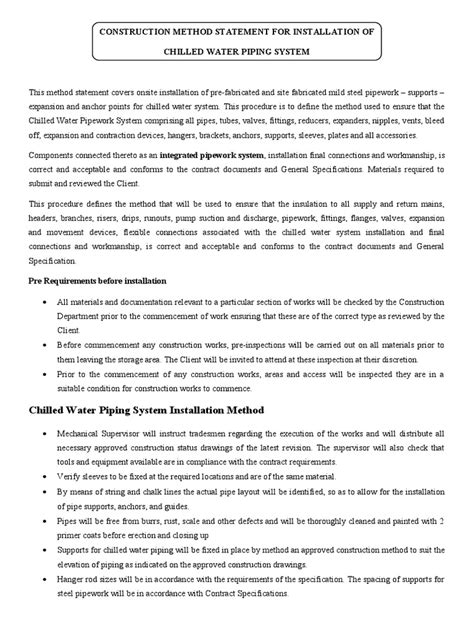 Construction Method Statement For Installation Of Chilled Water Piping