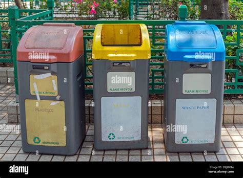 Sorting And Recycling Bins At City Park In Hong Kong Stock Photo Alamy