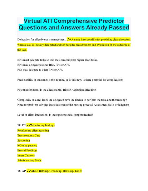 Virtual Ati Comprehensive Predictor Questions And Answers Already Passed Browsegrades