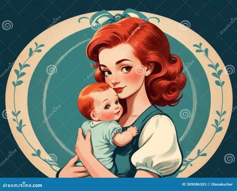 Vintage Image Of A Pin Up Mom With Red Hair Holding A Baby In Her Arms In Logo Style Stock
