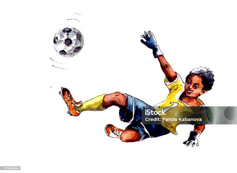 손으로 그린 수채화 일러스트레이션 어린이 스포츠 축구 노란색 축구 유니폼을 입은 소년 골키퍼가 공을 잡는 다 타격을 반영합니다 흰색 배경에서 격리 Championship에