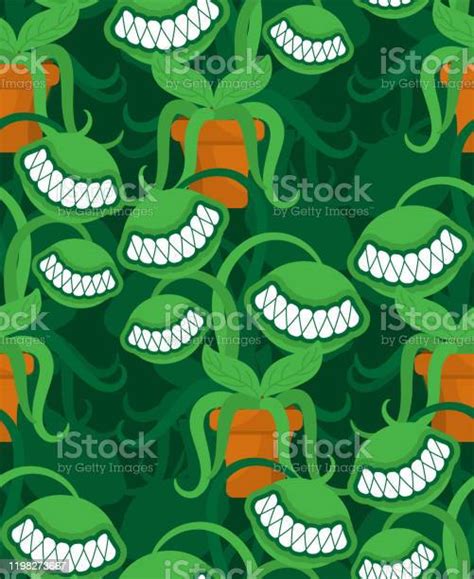 치아 패턴이 원활한 육식 꽃 플라이 트랩 배경입니다 벡터 텍스처 파리지옥에 대한 스톡 벡터 아트 및 기타 이미지 파리지옥 곤충 꽃 식물 Istock