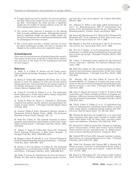 The Variations In The Anthropometric And Performance Characteristics Of Elite Camogie Athletes