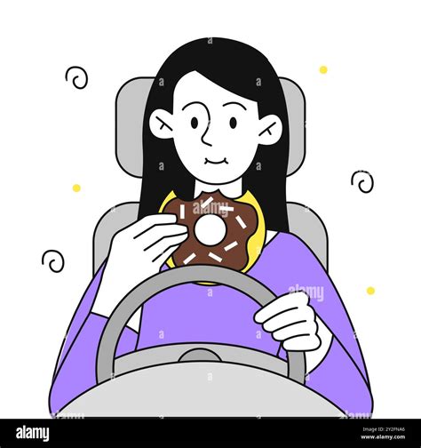 Woman Eat While Driving Young Girl With Donut Driving Car Unsafe