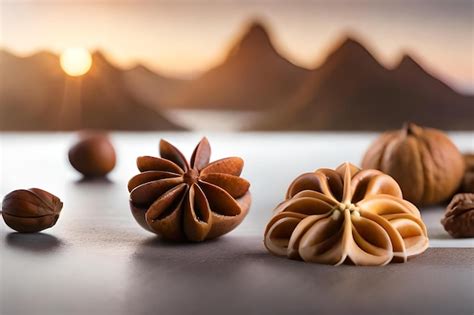Premium Ai Image A Few Nuts Are On A Table With The Sun Setting