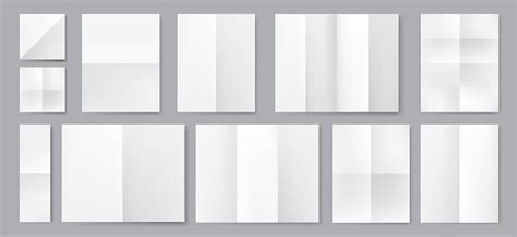 사실적인 접힌 효과가 있는 빈 종이 페이지 구겨진 질감이 있는 3d 카드 또는 메모의 벡터 격리 세트입니다 모형 전단지 O