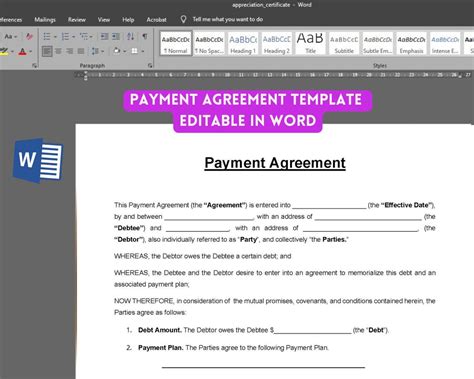 Payment Agreement Template Printable Contract Word And Pdf Etsy