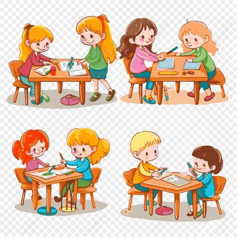 크레용으로 그림을 그리고 테이블 만화에서 그림을 그리는 다른 위치에 있는 활동 클립 아트 어린이 그림 벡터 Png 일러스트 무료