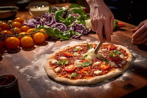 Closeup Of A Pizza Being Made With Unique Toppings Premium Ai