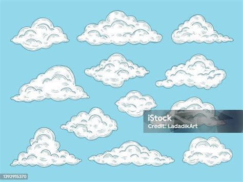 손으로 흰 구름을 그렸다 고립 된 낙서 구름 빈티지 조각 하늘 요소 날씨 천국 컬렉션 예술 장식 대화 거품 네오 테릭 벡터 세트 개념에 대한 스톡 벡터 아트 및 기타 이미지