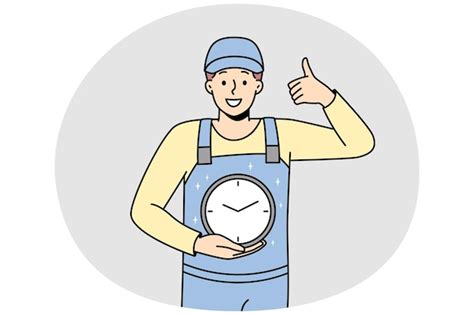 엄지손가락을 보여주는 손에 시계를 들고 제복을 입은 웃는 남자 시간 관리 및 마감일 벡터 그림에 대해 시계를 관리하는 행복한