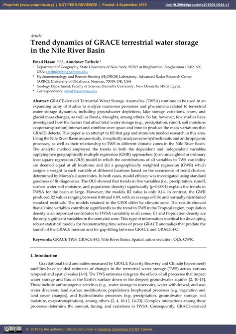 Trend Dynamics Of Grace Terrestrial Water Storage In The Nile River