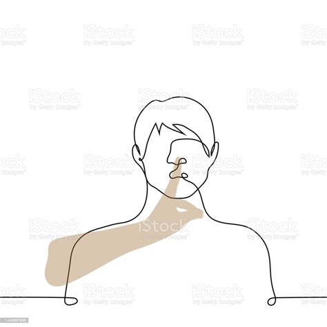 말하는 남자는 검지 손가락을 입에 넣었습니다 한 선 그리기 벡터 컨셉은 입을 다물고 침묵을 요구한다 손가락을 입술에 대기에 대한