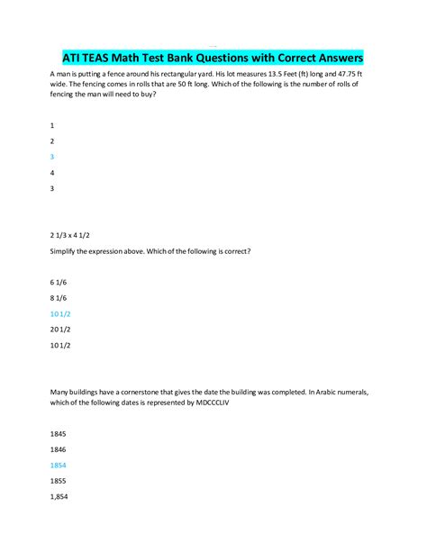 Ati Teas Math Test Bank Questions With Correct Answers Browsegrades