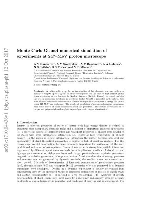 Pdf Monte Carlo Geant4 Numerical Simulation Of Experiments At 247 Mev Proton Microscope