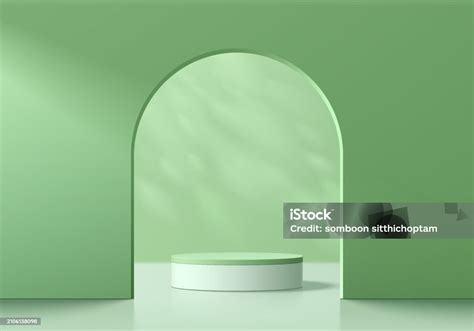 추상 3d 녹색과 흰색 실린더 연단 배경 나뭇잎 그림자 아치 게이트 제품 전시 모형 발표 파스텔 미니멀 벽 장면 무대 쇼케이스