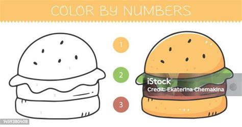 햄버거와 함께 아이들을위한 숫자 색칠 공부 책으로 색칠하십시오 색칠하기 위한 예가 있는 귀여운 만화 햄버거가 있는 색칠 공부 페이지 흑백 및 컬러 버전 벡터 그림입니다 0