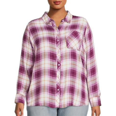 Terra And Sky Womens Plus Size Plaid Button Down Shirt