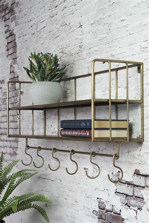 Industrial Wall Shelf With Hooks Antique Brass Vincent And Barn