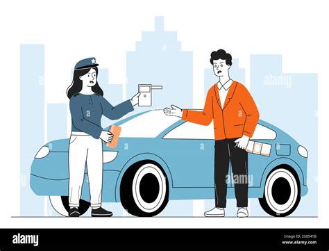 Drunk Driver At Road Traffic Police Officer With Man Near Automobile