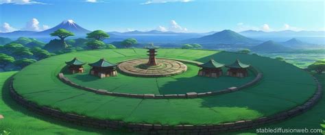 Ancient Circular Base In Grassy Field Anime Style Stable Diffusion