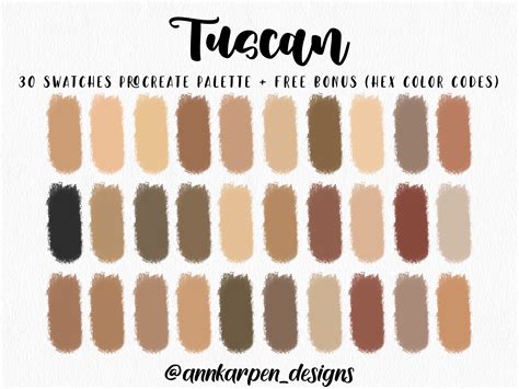 Tuscan Procreate Palette 30 Hex Color Codes Instant Digital Download