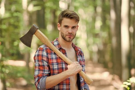 Logging Season Lumberjack Use Axe In Forest Forestry Logging