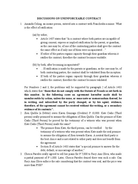 Unenforceable Contracts Pdf Ratification Justice