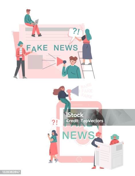 가짜 뉴스 잘못된 정보 확산 세트 대중 매체 선전 허위 정보 확산 만화 벡터 일러스트레이션 개체 그룹에 대한 스톡 벡터 아트 및