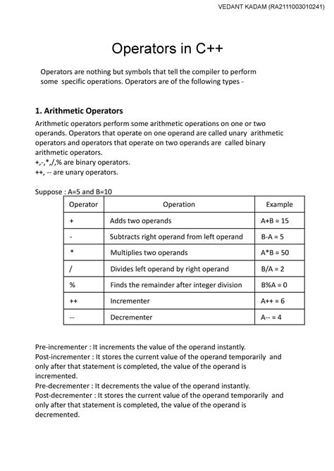 Operators In C Lecture Notes 11 13 Vedant Kadam Ra2111003010241 Operators In C