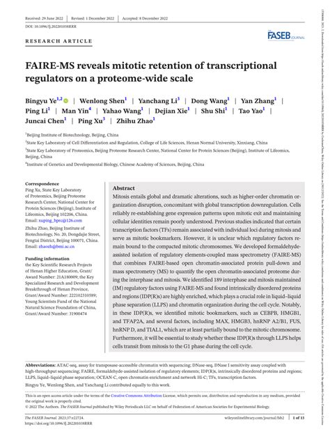 Pdf Faire‐ms Reveals Mitotic Retention Of Transcriptional Regulators