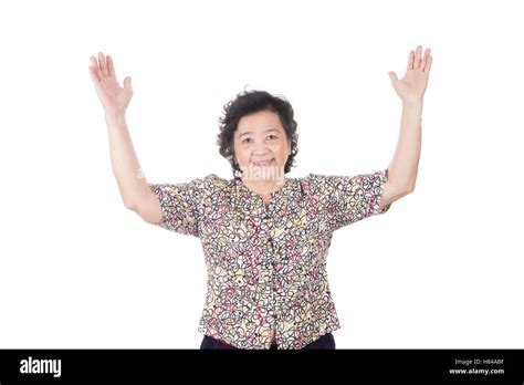 Woman Holds Her Arms Wide Open Imagine The Size In The Air Isolated