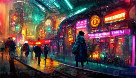 Streets Of Cyberpunk City Colorful City Lights Neon Signs Futuristic Steampunk Shops People
