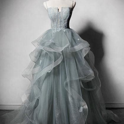 Light Green Tulle Long Lace Top Ruffles Evening Dress Sweet 16 Prom