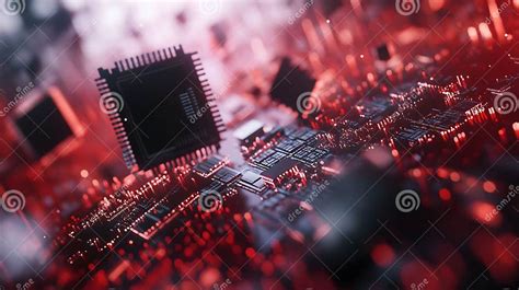 A Detailed Close Up Of Microchips On A Circuit Board Glowing In Red