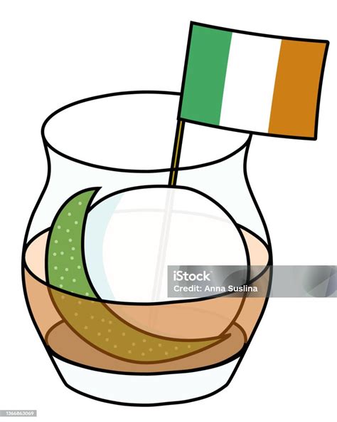 세인트 패트릭데이 스페셜 위스키 올드 패션 칵테일 둥근 얼음 라임 제스트 아일랜드 국기가 막대기 장식을 장식합니다 흰색 배경에 격리 낙서 만화 벡터 일러스트레이션 St