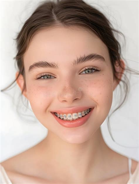 Girl Smiling With Braces Isolated Against A White Background Stock