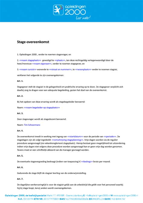 223510 Voorbeeld Stageovereenkomst Stage Overeenkomst Opleidingen