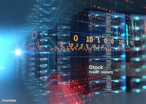 koridor ruang server ilustrasi 3d dengan elemen desain data pemrograman