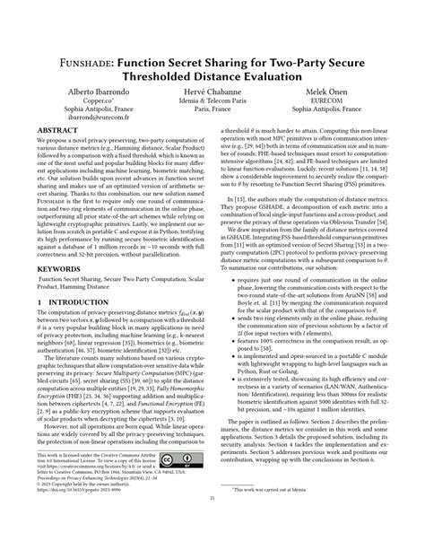 Pdf Funshade Function Secret Sharing For Two Party Secure