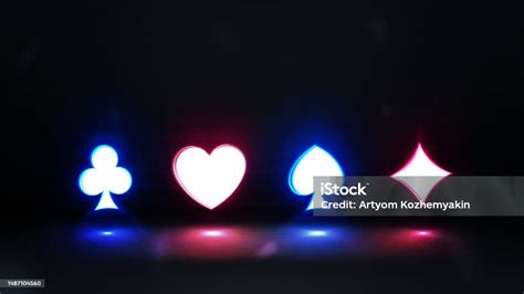 네온 3d 컬러 심볼은 검은색 배경에 카드 데크를 사용한다 카드 슈트 포커 블랙잭 네온 아이콘 빛나는 카지노 간판 3차원 형태에 대한 스톡 벡터 아트 및 기타 이미지