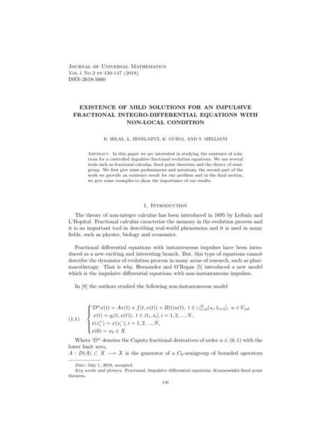 Pdf Existence Of Mild Solutions For An Impulsive Fractional Integro Differential Equations