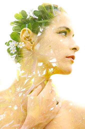밝은 녹색 열대 잎과 결합 된 건강한 자연의 아름다움의 프로필의 이중 노출 보살핌에 대한 스톡 사진 및 기타 이미지 보살핌 여자 한 명의 여자만 Istock