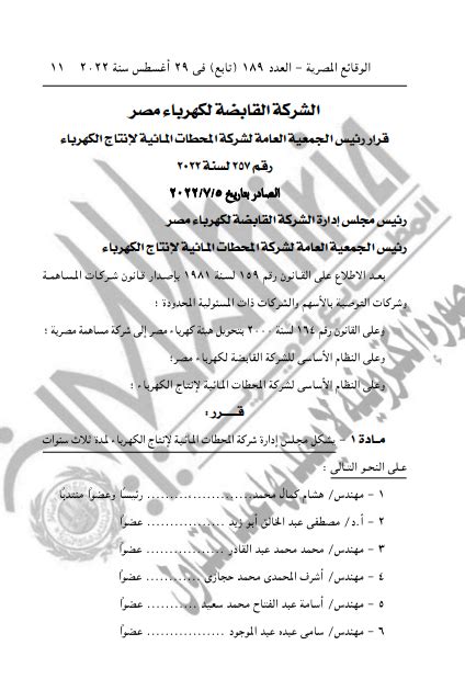 الجريدة الرسمية تنشر قرار وزير الكهرباء بتشكيل مجلس إدارة الشركة