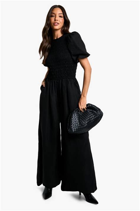 Puff Sleeve Shirred Jumpsuit Boohoo Usa