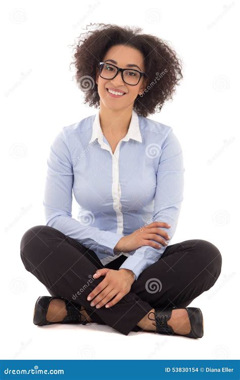 Happy Beautiful African American Business Woman Sitting Isolated Stock