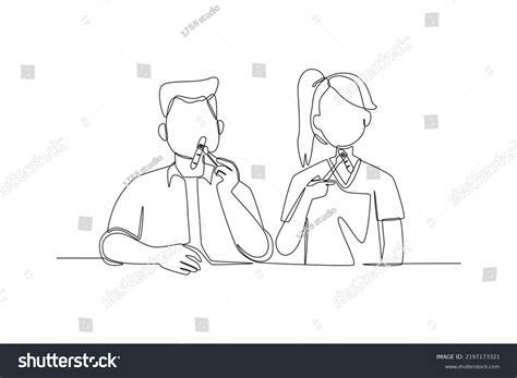 Continuous Line Drawing Happy Man Woman Stock Vector Royalty Free